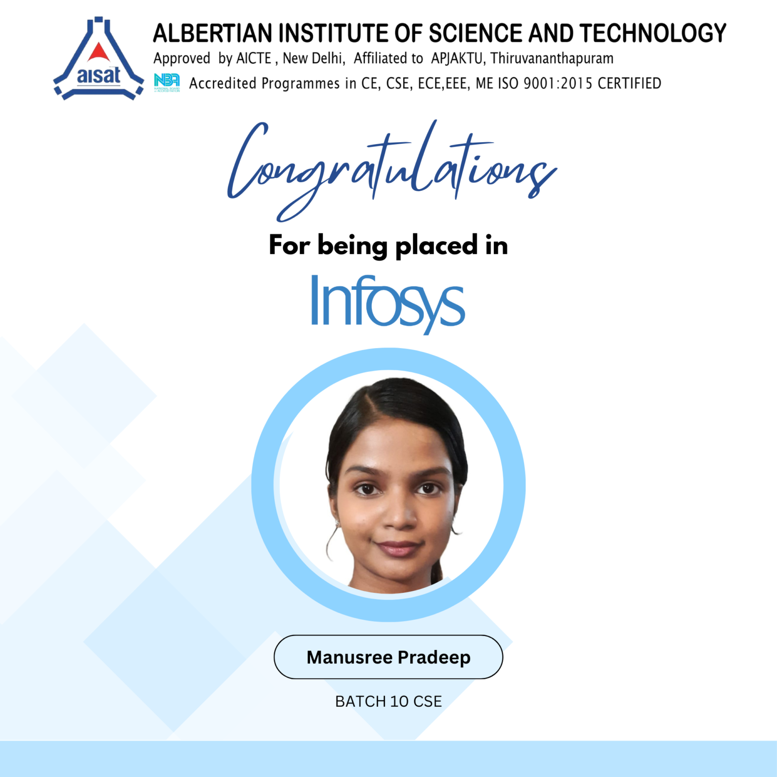 Placed at Infosys – Albertian Institute of Science & Technology ...